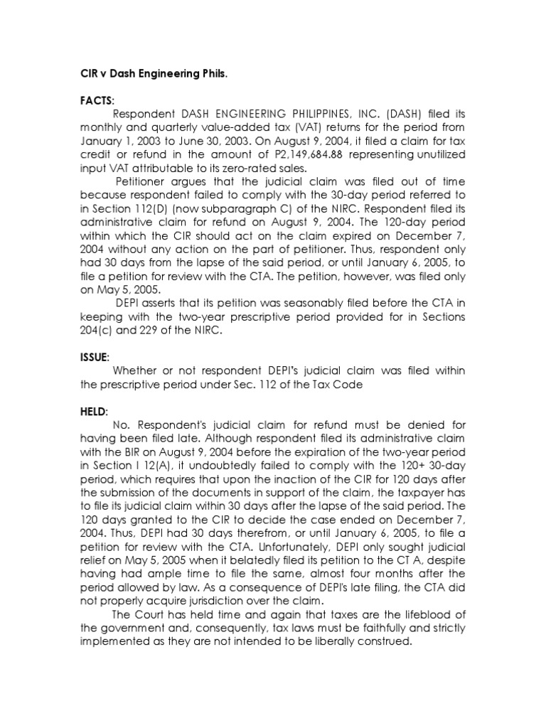 CIR V Dash Engineering Phils | PDF | Value Added Tax | Payments