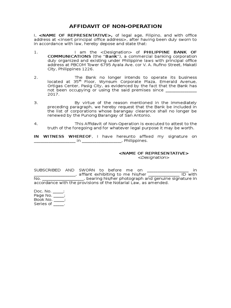 Affidavit (Non-Operation) Template