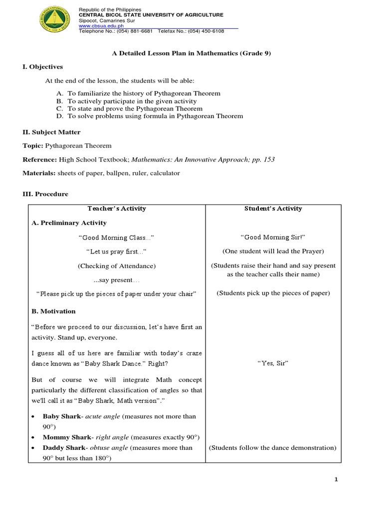 Grade 9 Pythagorean Theorem Lesson Plan | PDF | Area | Pythagoras
