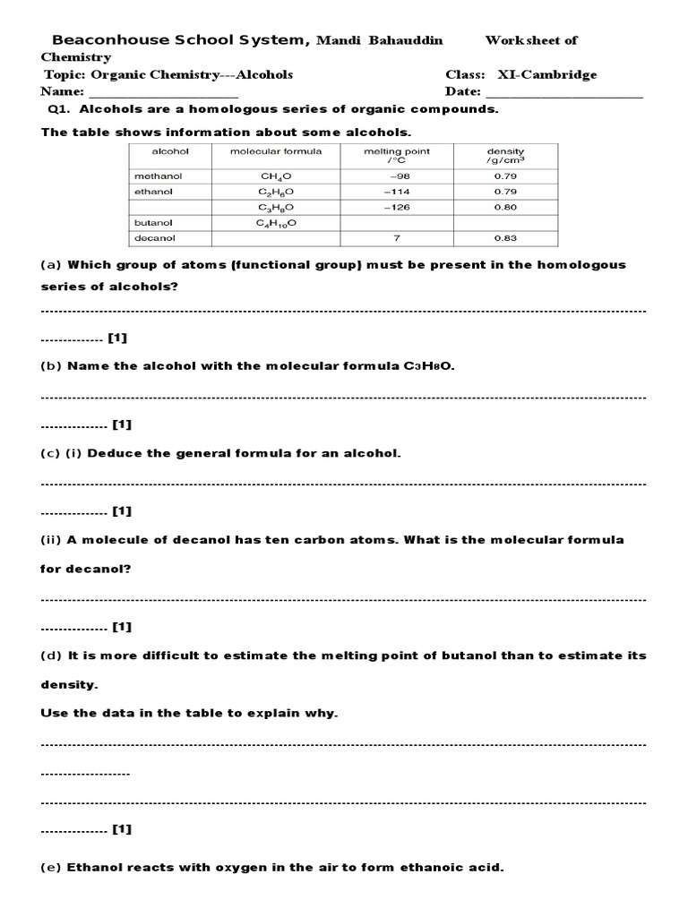 Beaconhouse School System, Mandi Bahauddin Work Sheet of Chemistry ...