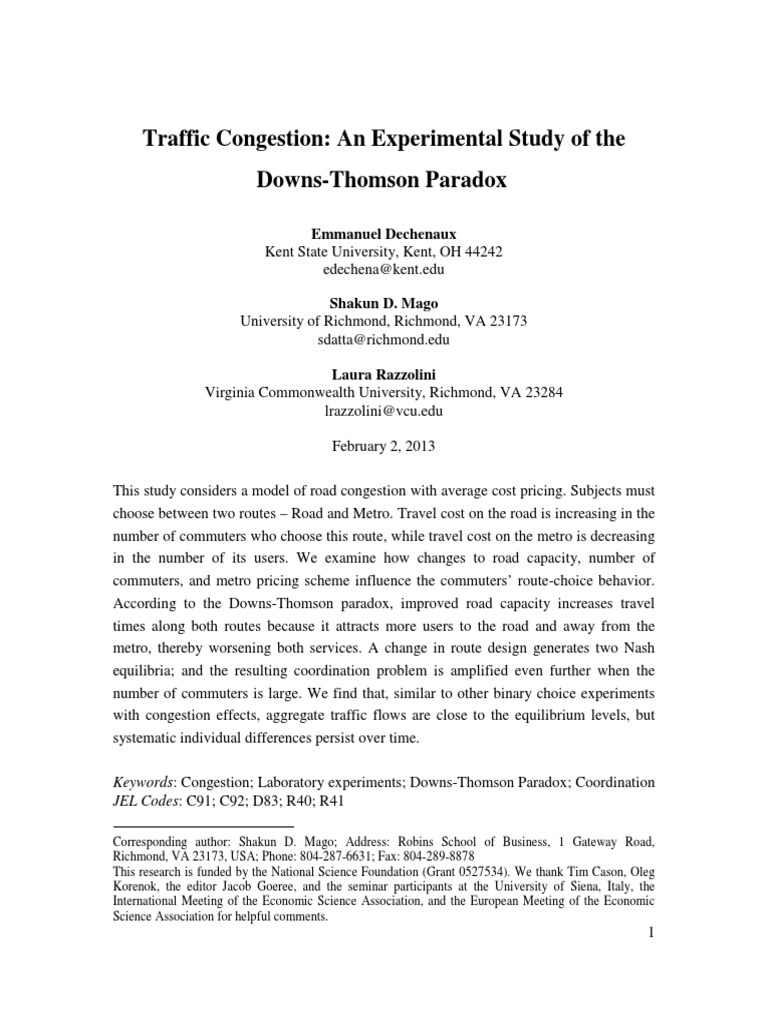 Experimental Evidence of the Downs-Thomson Paradox | PDF | Traffic ...