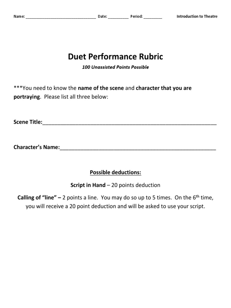 Duet Performance Rubric: You Need To Know The Name of The Scene and ...