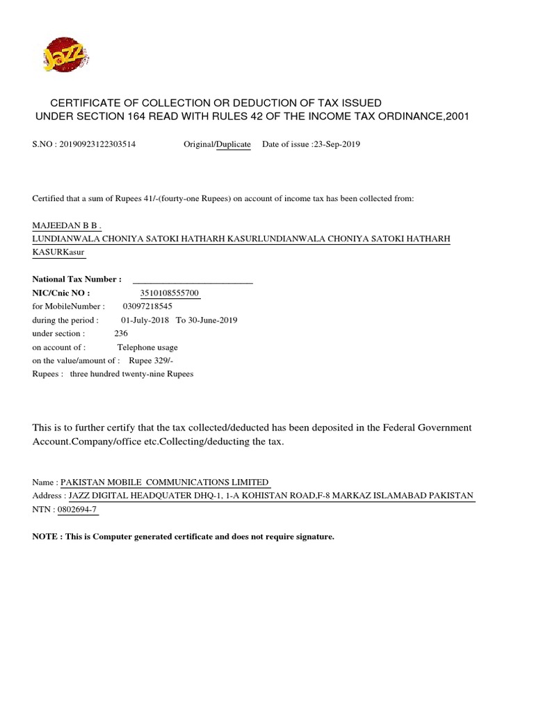 Certificate of Collection or Deduction of Tax Issued Under Section 164 ...