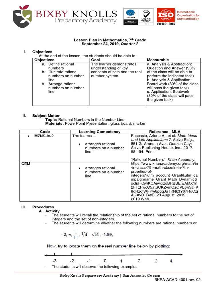 7th Grade Rational Numbers Lesson Plan | PDF | Numbers | Rational Number