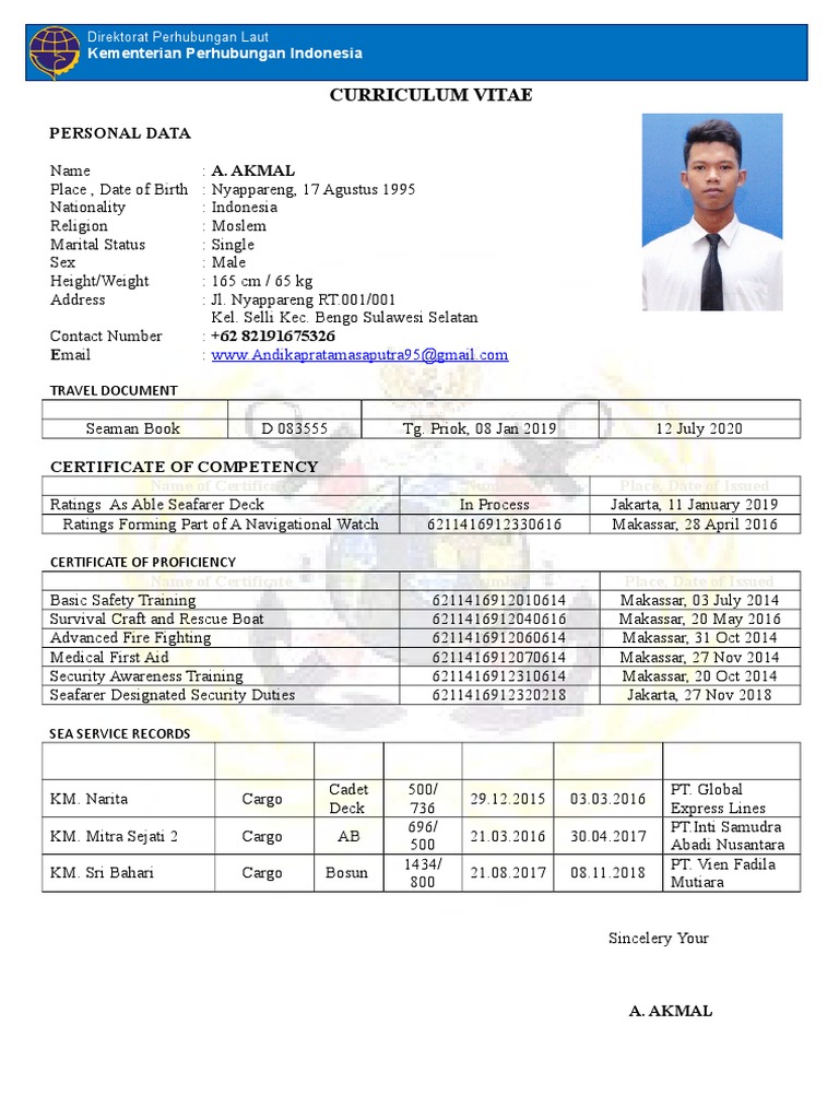 Curriculum Vitae of Able Seafarer A. AKMAL | PDF | Navies | Naval Warfare