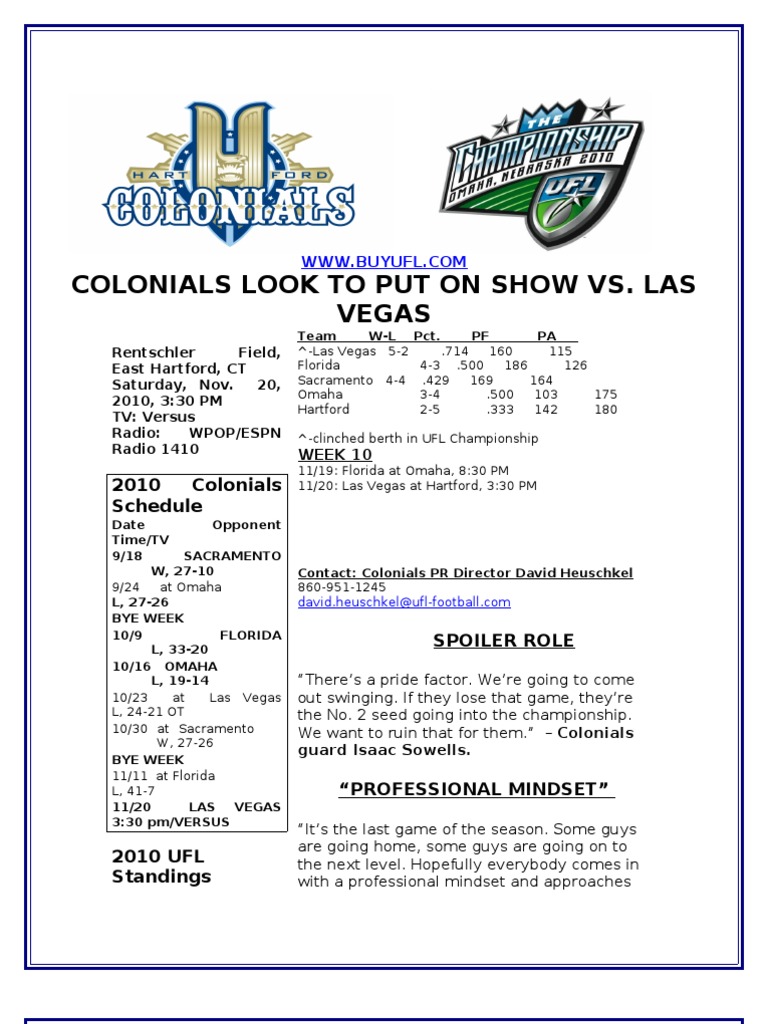 Hartford Colonials Notes Week 10 | PDF | National Football League ...