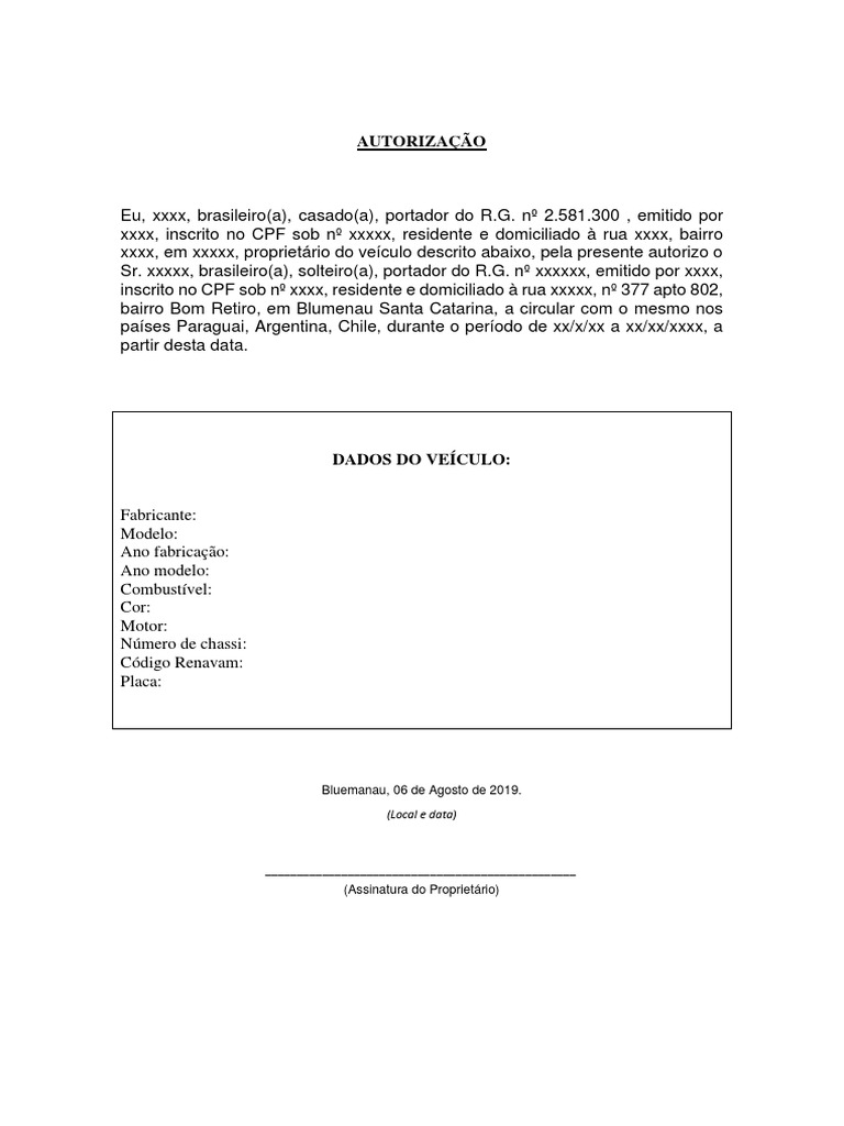Modelo Autorizacao Trafego De Carro No Exterior Pdf