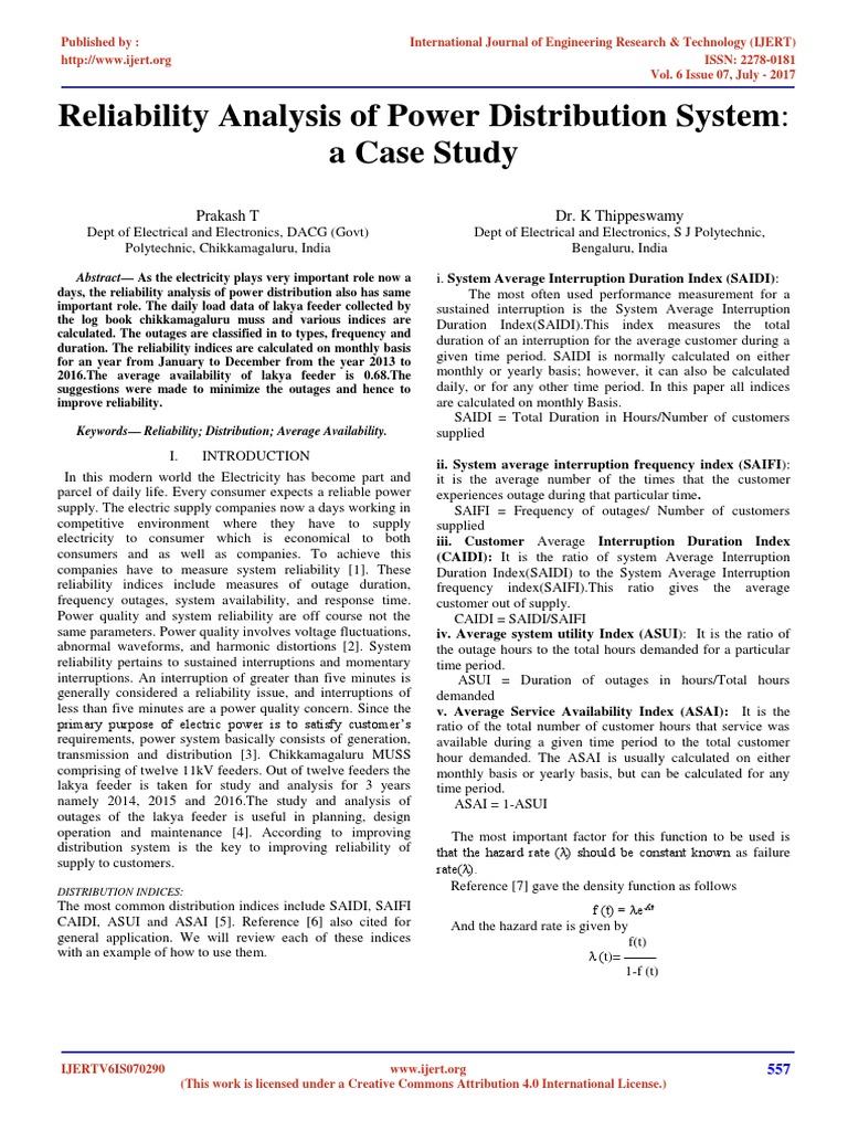 Caso Estudio: Reliability Analysis of Power Distribution System. A Case ...