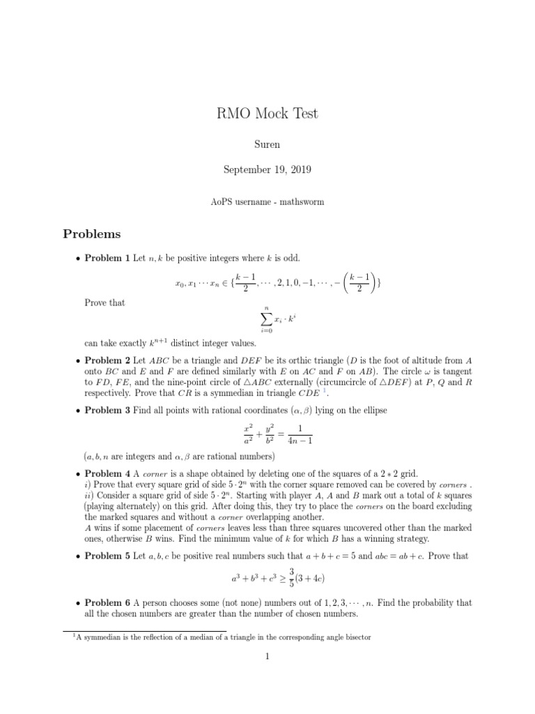 RMO Mock Test: Problems | PDF | Triangle | Geometric Shapes