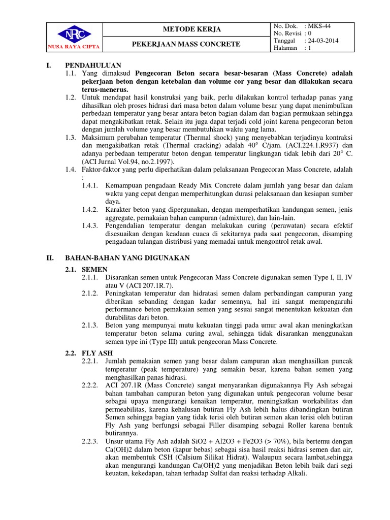 Pekerjaan Pengecoran Mass Concrete | PDF