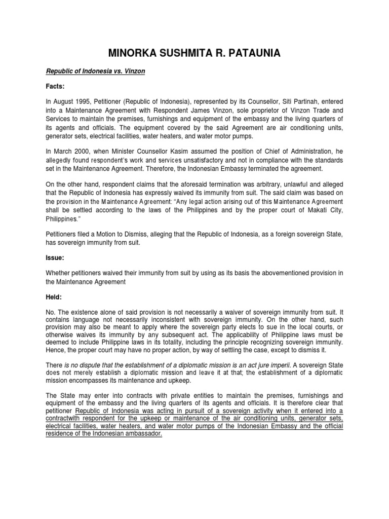 Republic of Indonesia vs. Vinzon: Sovereign immunity and waiver of ...