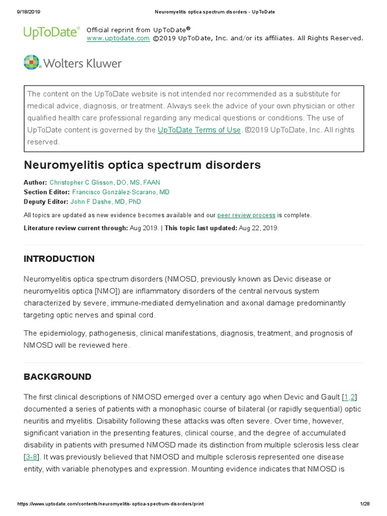 Neuromyelitis Optica Spectrum Disorders - UpToDate | PDF | Multiple ...