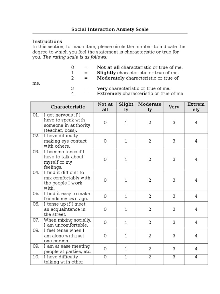 Social Interaction Anxiety Scale Guide | PDF | Behavioural Sciences ...