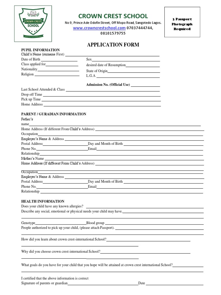 Crown Crest School: Application Form | PDF