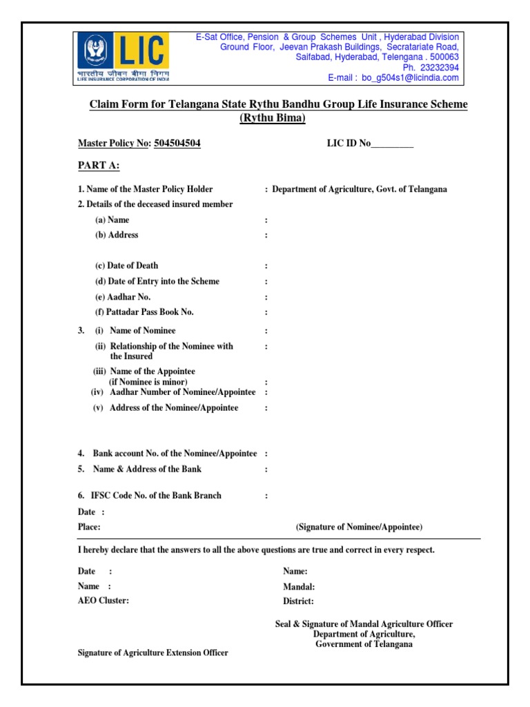 Claim Form For Telangana State Rythu Bandhu Group Life Insurance Scheme ...