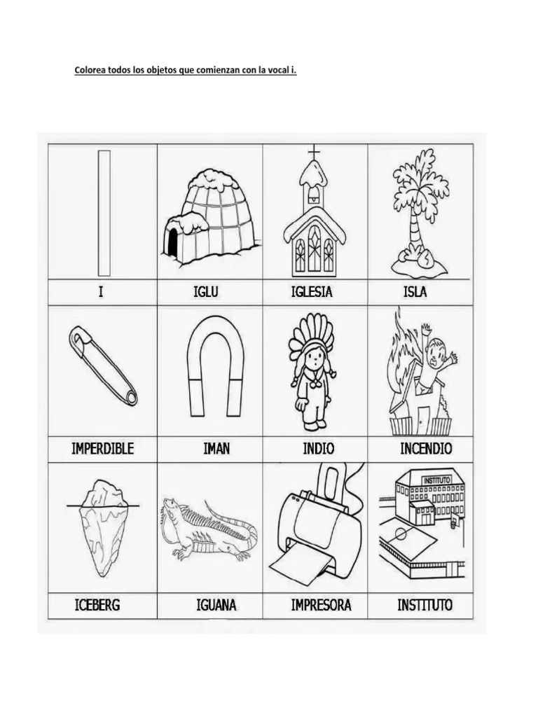 Colorea Todos Los Objetos Que Comienzan Con La Vocal I | PDF