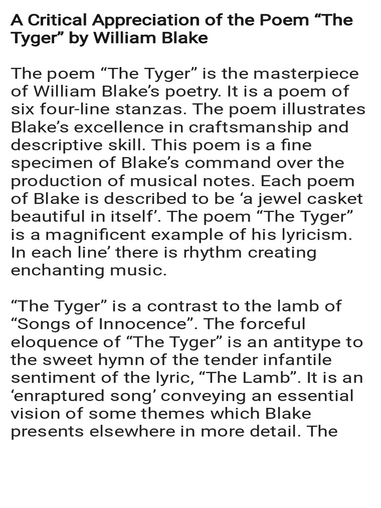 Critical Appreciation of The Poem The Tyg Err | PDF | Poetry