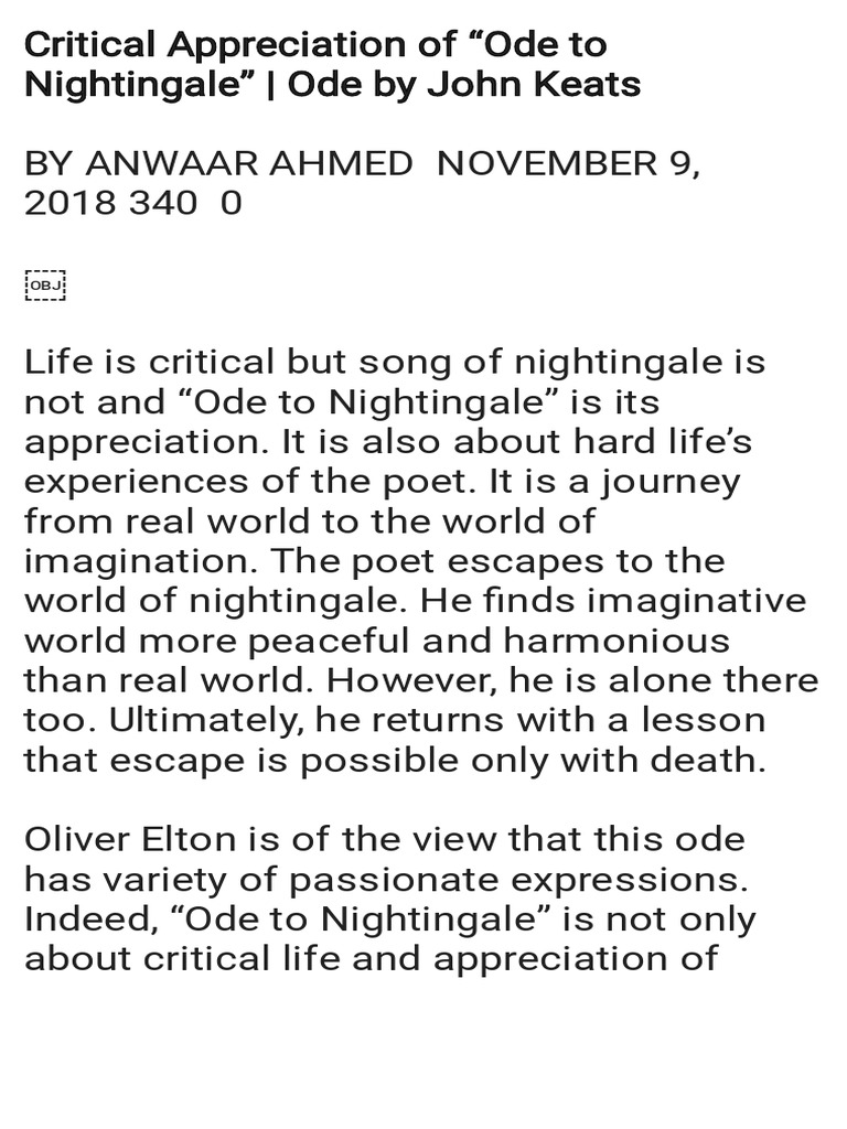 Critical Analysis of Ode To Nightangle | PDF | John Keats | Poetry