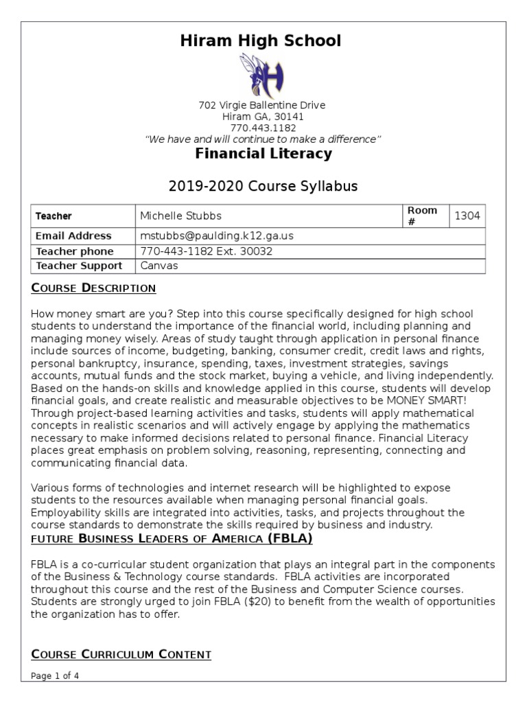 Financial Literacy Syllabus 19-20 | PDF | Personal Finance | Financial ...