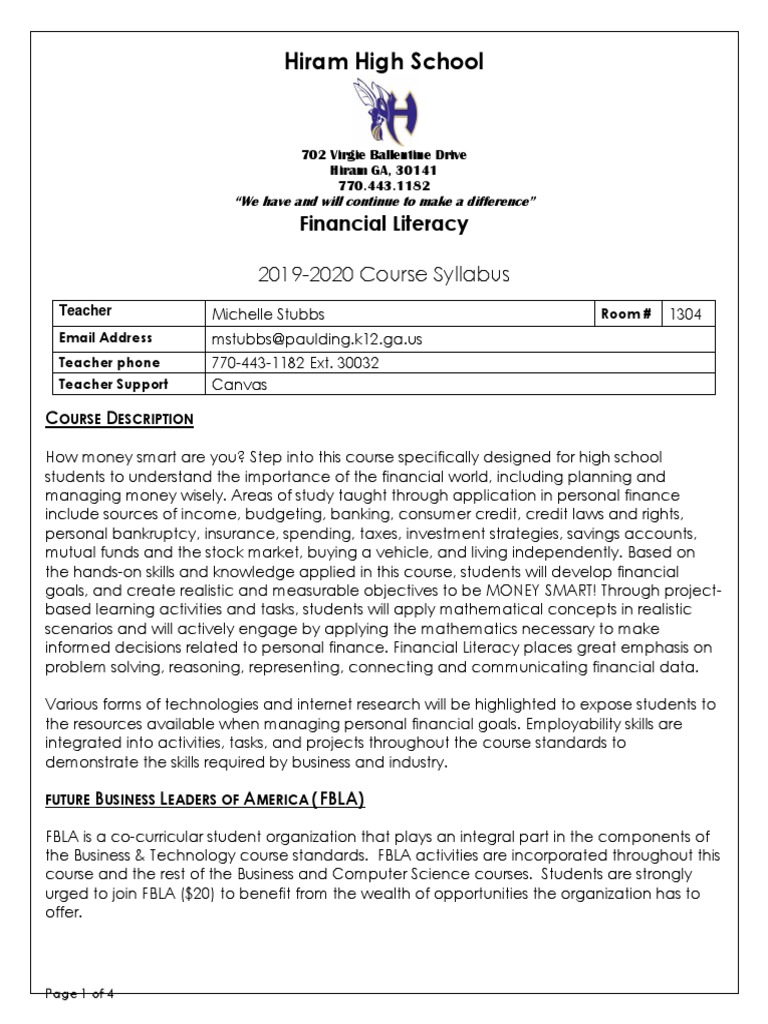 Financial Literacy Syllabus 19-20 | Download Free PDF | Personal ...