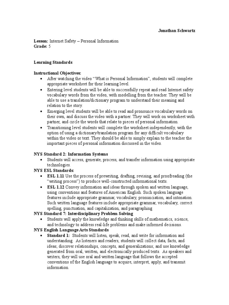 Internet Safety: Personal Information Lesson | PDF | English Language ...