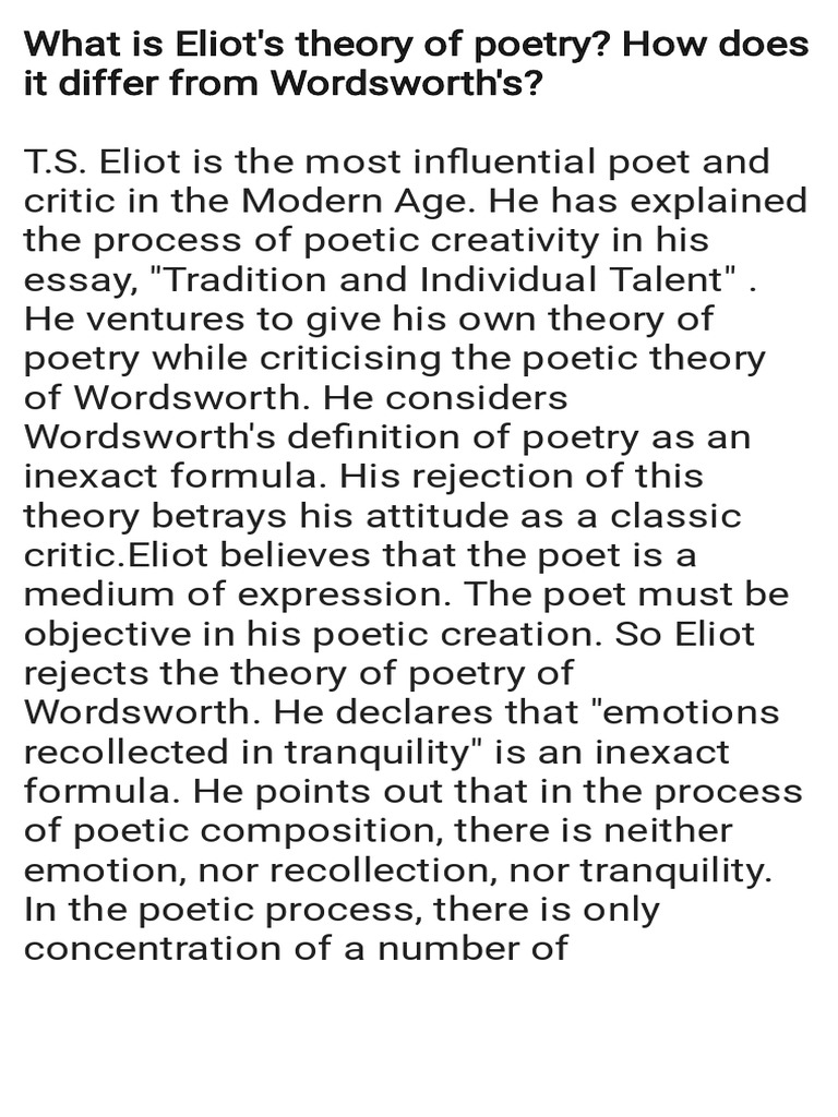 Eliot Vs Wordsworth Poetic Diction | PDF | T. S. Eliot | Poetry