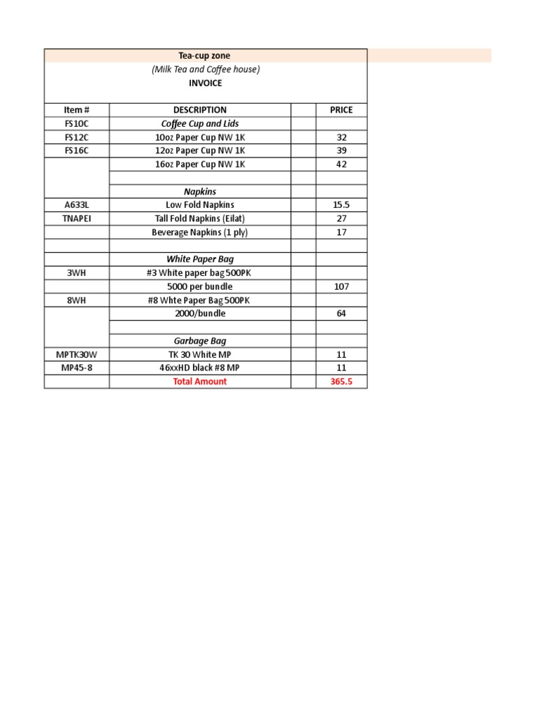 Tea-Cup Zone Invoice Item # Description Price: Coffee Cup and Lids | PDF