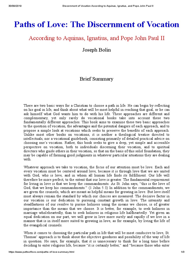 Discernment of Vocation According To Aquinas, Ignatius, and Pope John ...