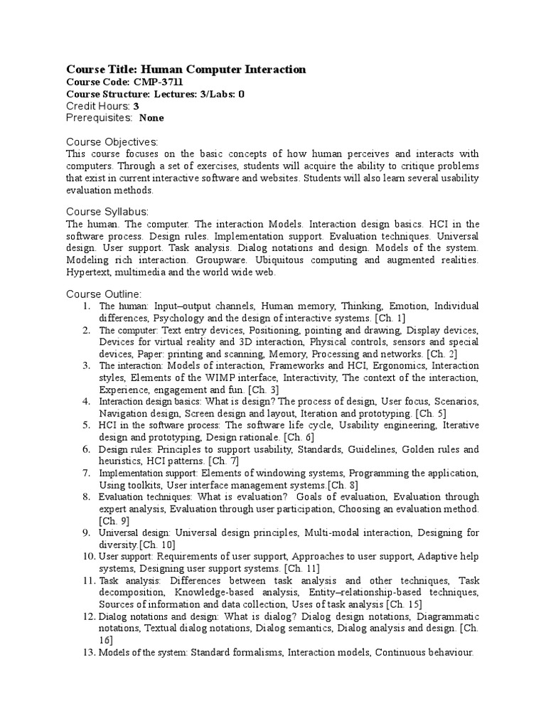 Course Title: Human Computer Interaction: Course Code: CMP-3711 Course Structure: Lectures: 3 ...