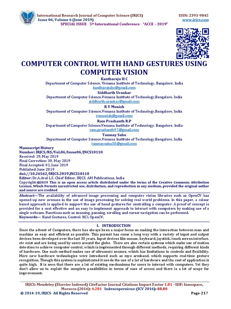 Computer Control With Hand Gestures Usin PDF | PDF | Areas Of Computer ...
