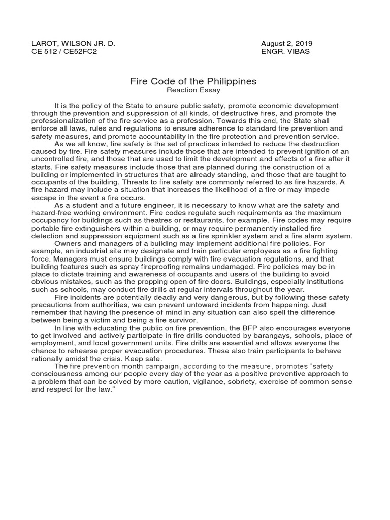 Reaction Essay (Fire Code of The Philippines) | PDF | Fire Safety | Safety