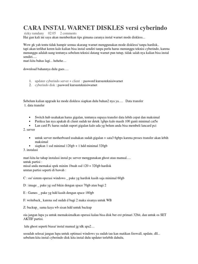 Cara Instalasi Warnet Diskless Menggunakan Cyberindo | PDF