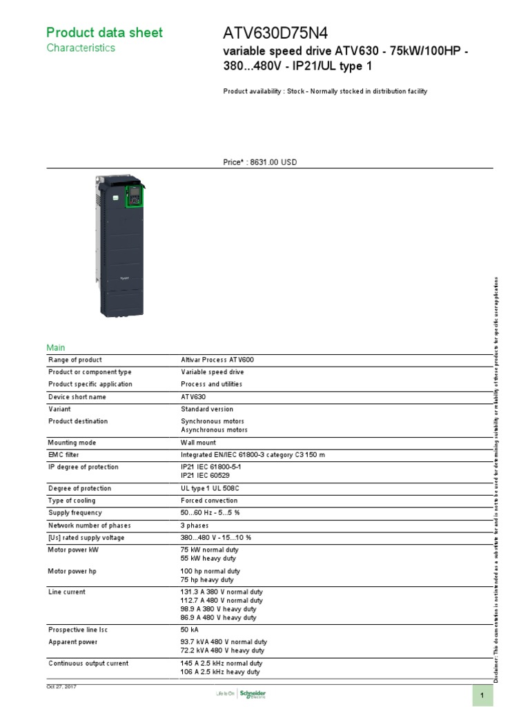 ATV630D75N4: Product Data Sheet | PDF | Electric Motor | Relay