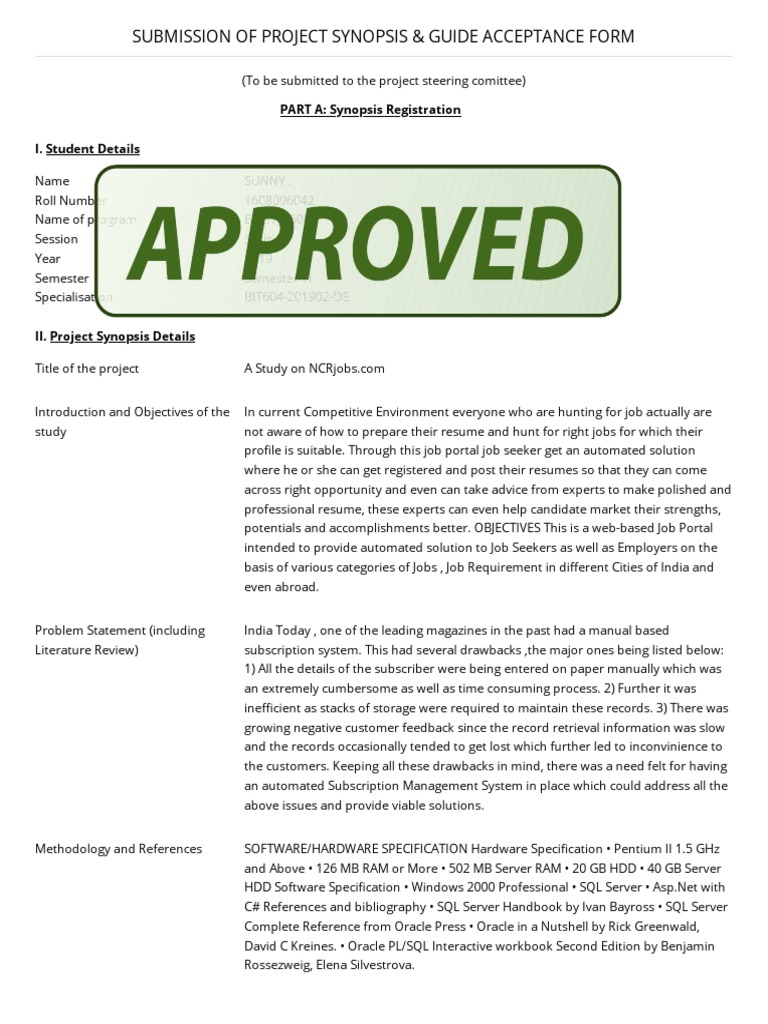 Submission of Project Synopsis & Guide Acceptance Form: PART A ...