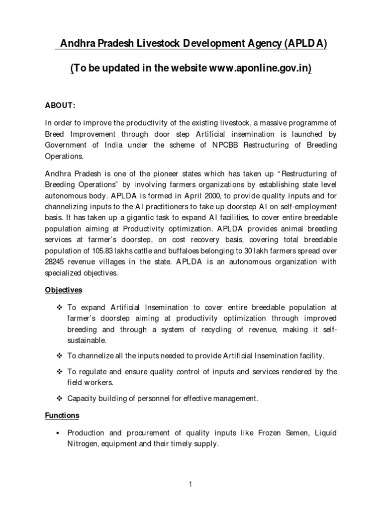 Andhra Pradesh Livestock Development Agency (APLDA) (To Be Updated in ...
