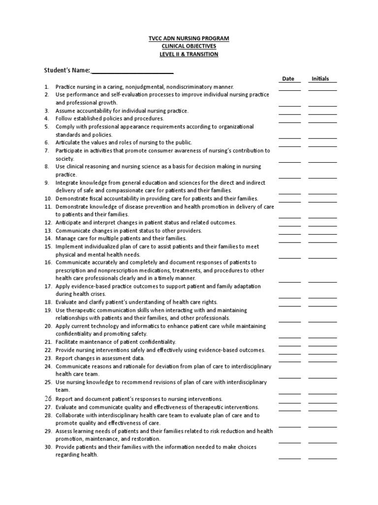 Objectives for Nursing Students in Level II Clinicals and Transitioning ...