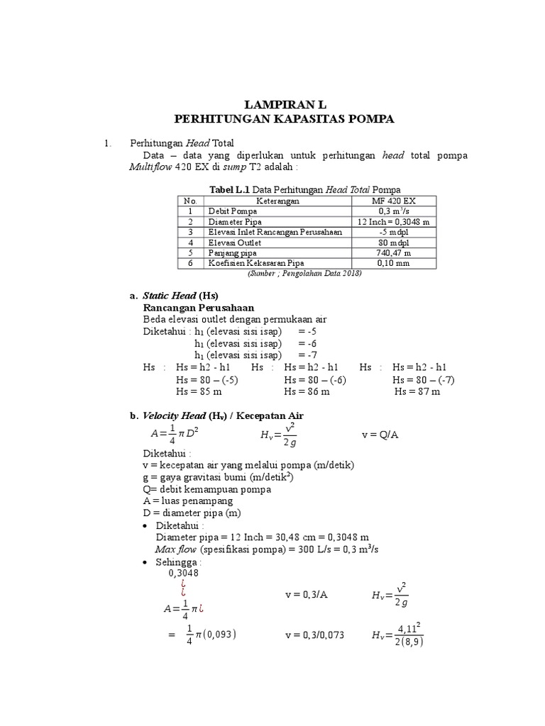 LAMPIRAN L (Perhitungan Kapasitas Pompa) | PDF