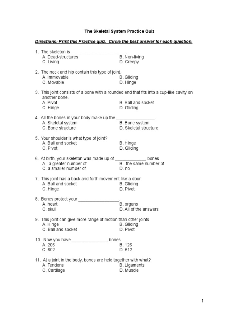 Skeletal System Practice Quiz | PDF | Skeleton | Bone