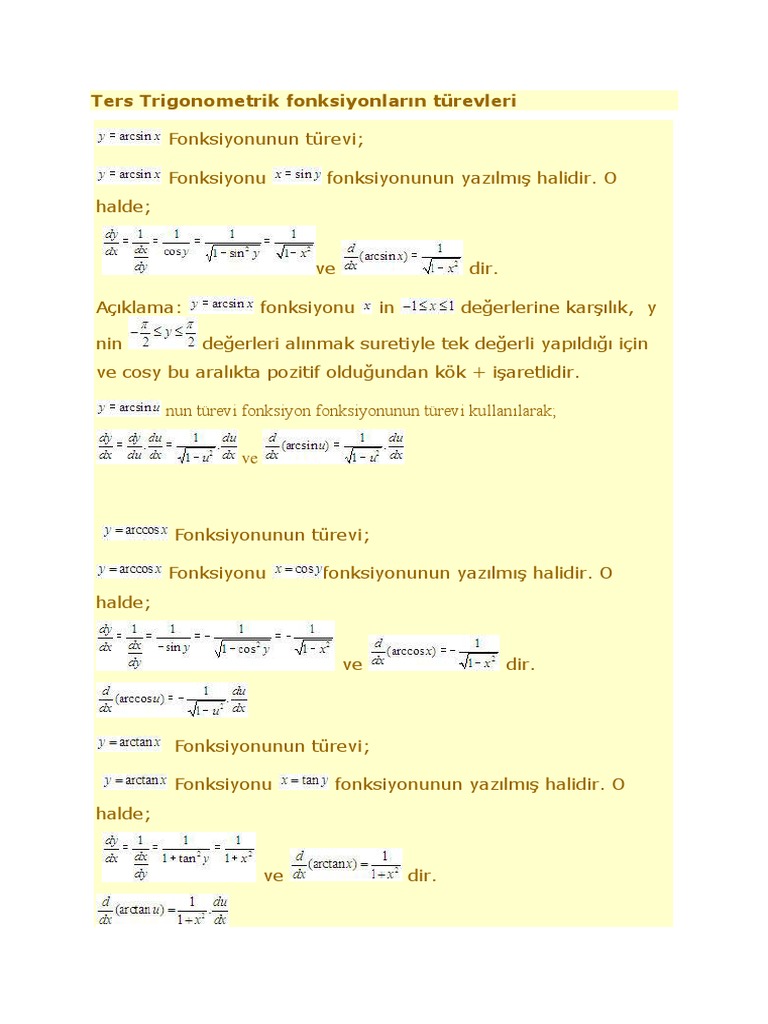 Ters Trigonometrik Fonksiyonların Türevi | PDF
