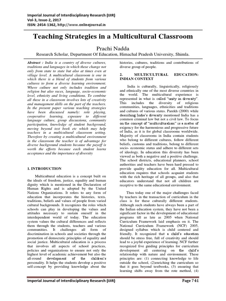 Teaching Strategies in A Multicultural Classroom: Prachi Nadda | PDF | Multiculturalism | Teachers