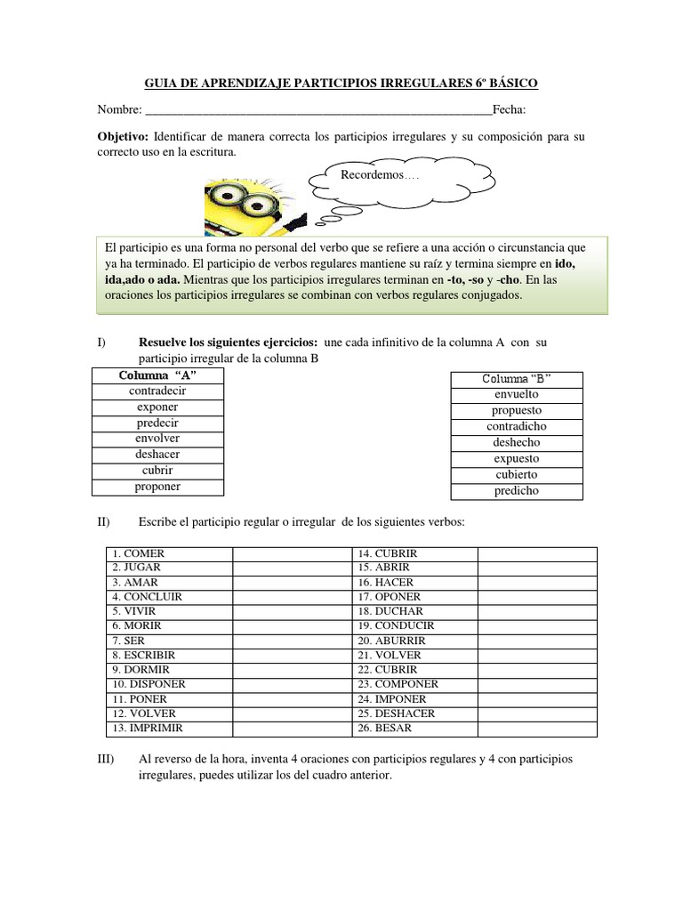 Hoja De Trabajo Para Identificar Participios Y Frases Participiales