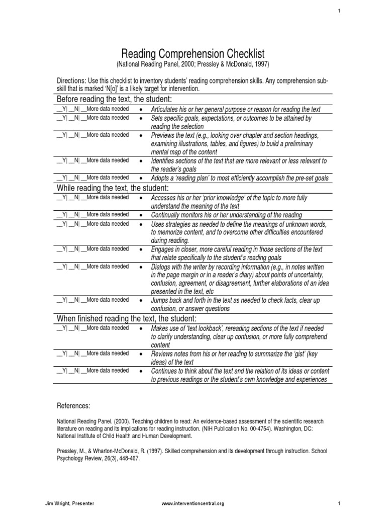 Reading Comprehension Checklist: Before Reading The Text, The Student ...