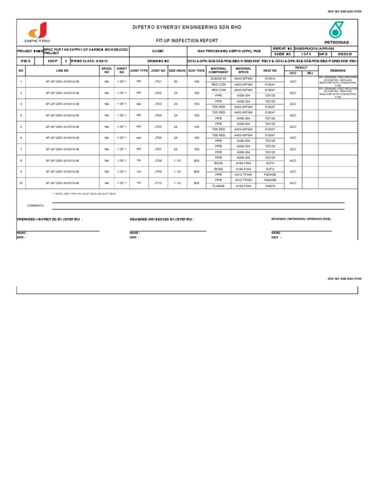 Dipetro Synergy Engineering SDN BHD: Fit-Up Inspection Report | PDF ...