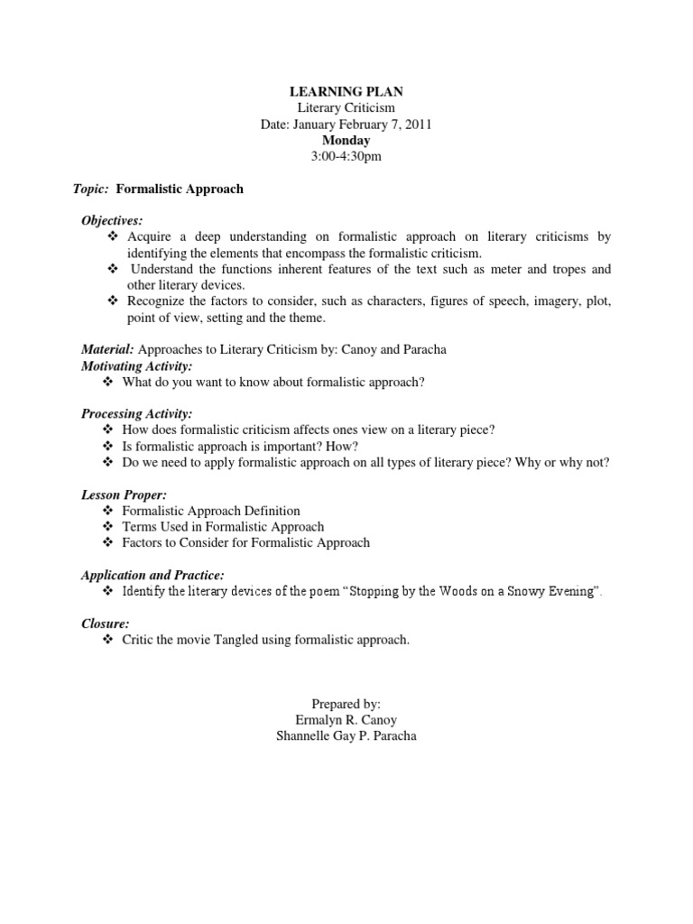 Formalistic Approach Criticism - Learning Plan | PDF
