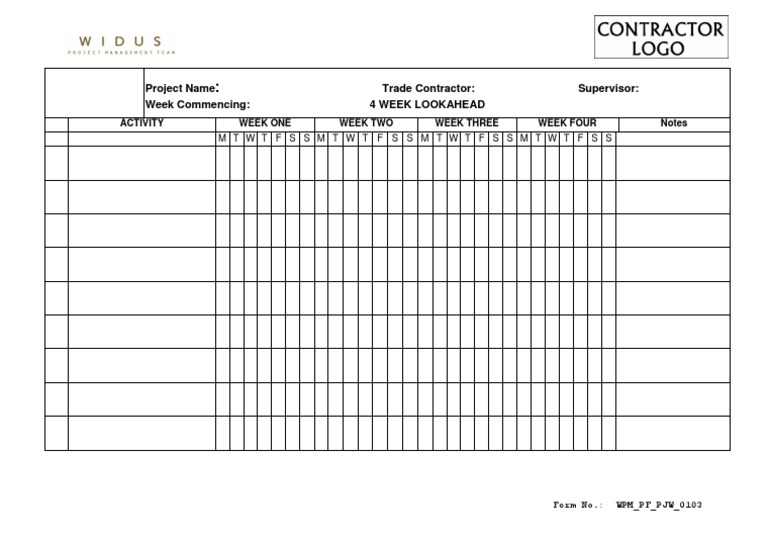 WPM PF PJW 0103 0 Four (04) Week Lookahead Template | PDF