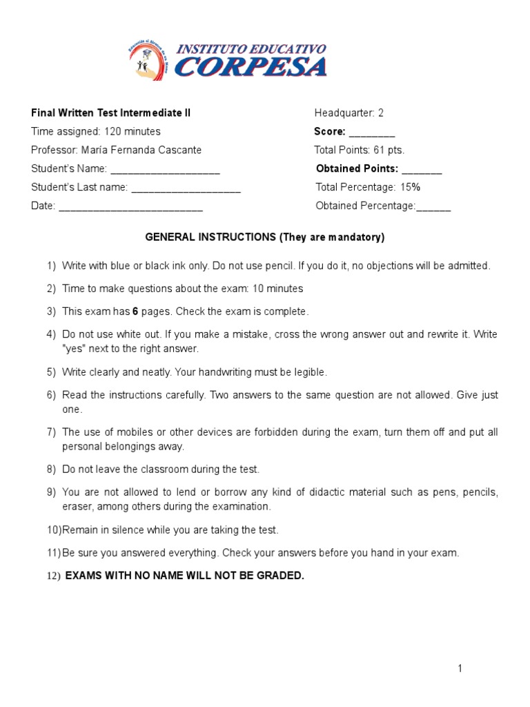 Final Written Test Intermediate II Headquarter: 2 | PDF | Grocery Store ...
