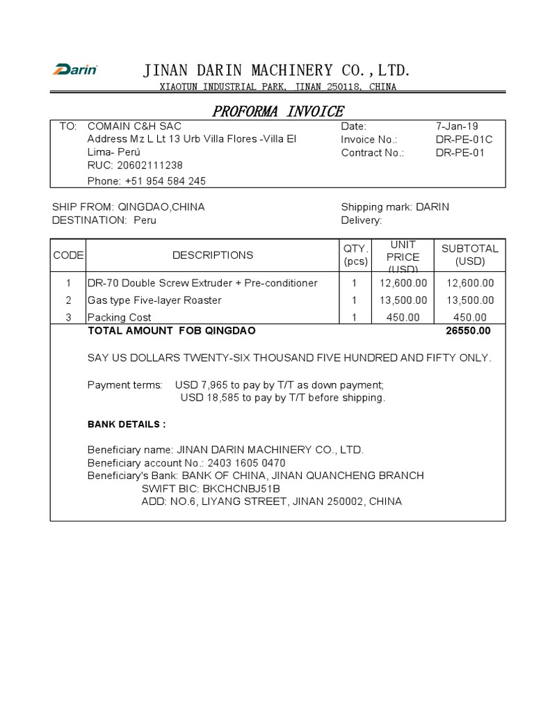 Jinan Darin Machinery Co.,Ltd.: Proforma Invoice | PDF