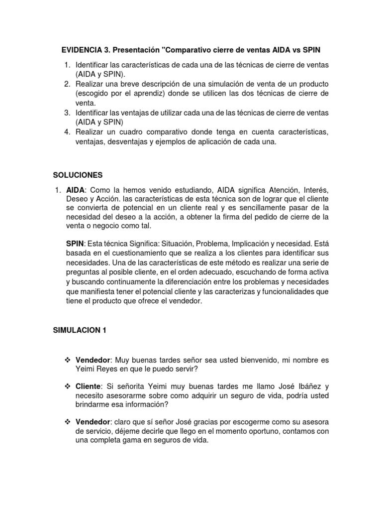 Evidencia 3 Presentacion Comparativo Cierre de Ventas AIDA Vs SPIN | PDF | Cliente | Economias