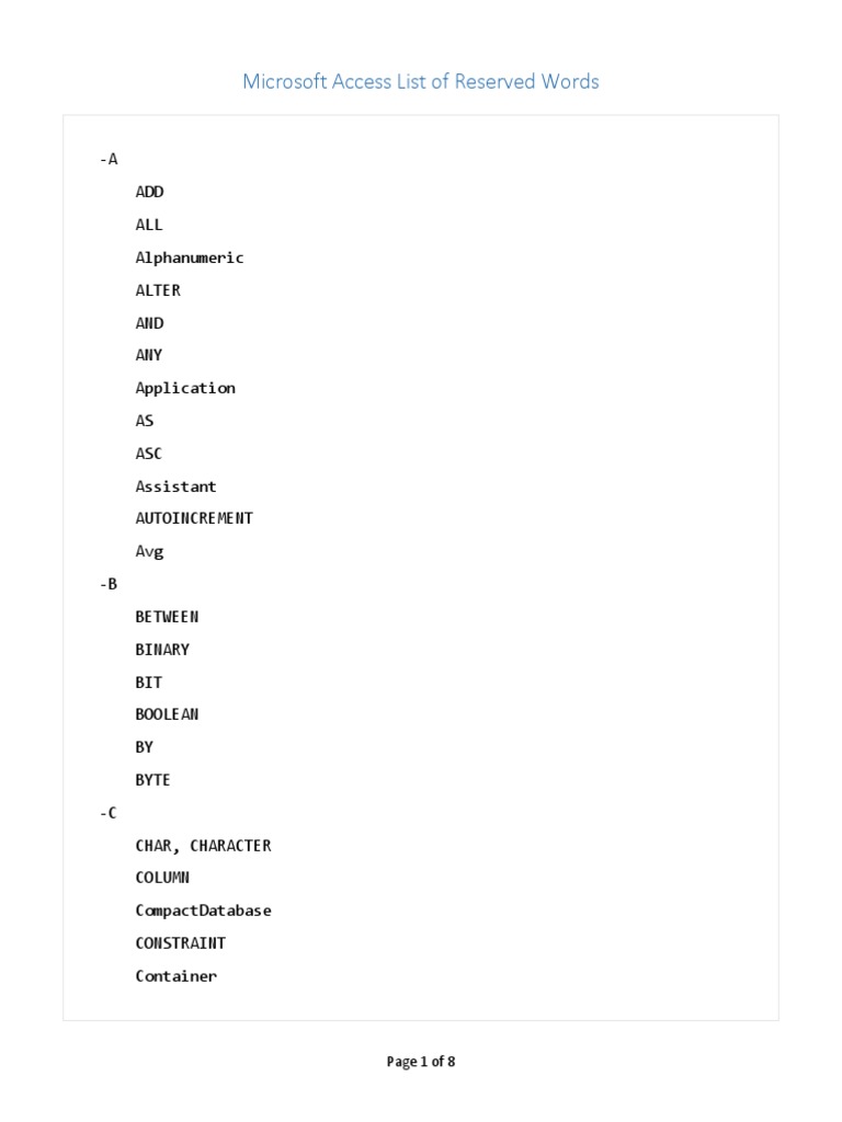 Microsoft Access Reserved Words List | PDF | Microsoft Access | Databases