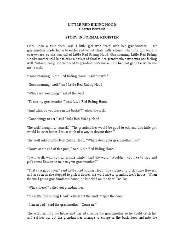 Little Red Riding Hood Charles Perrault Story in Formal Register | PDF ...